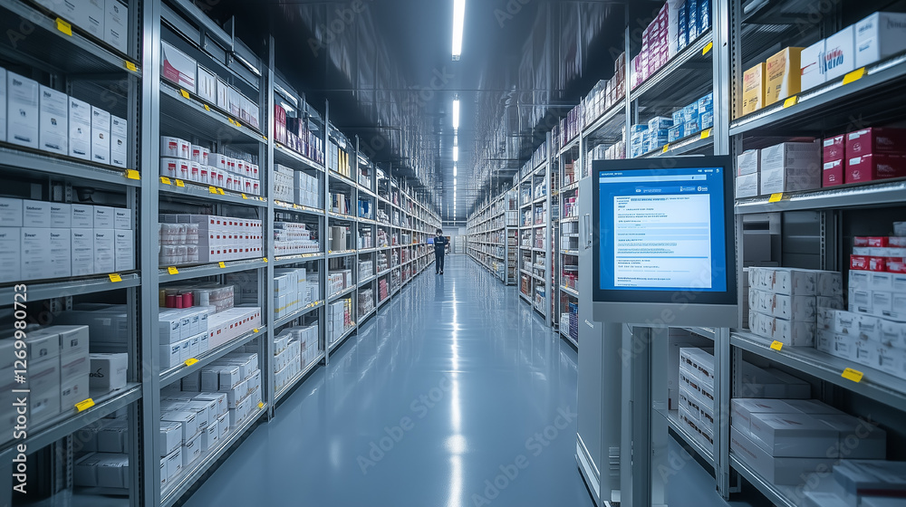 Inventory management in a modern warehouse with organized aisles and ...