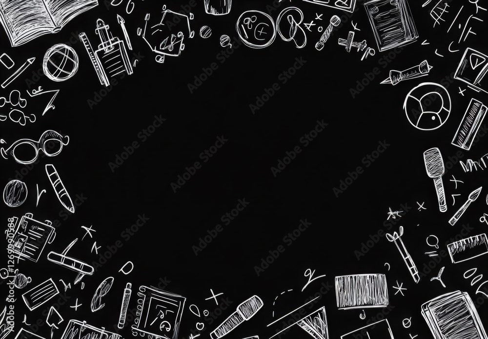 Black background with white doodle school icons and symbols, border ...