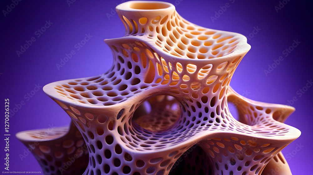 Abstract 3D-printed porous structure against purple backdrop Stock ...