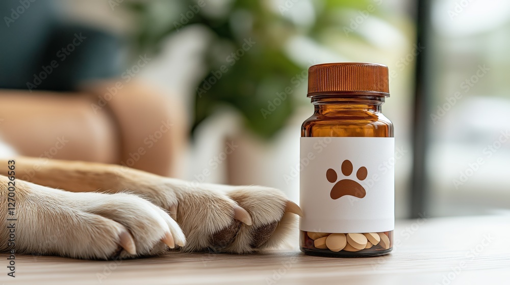 Veterinary medicine bottle with a paw print label, symbolizing pet care ...