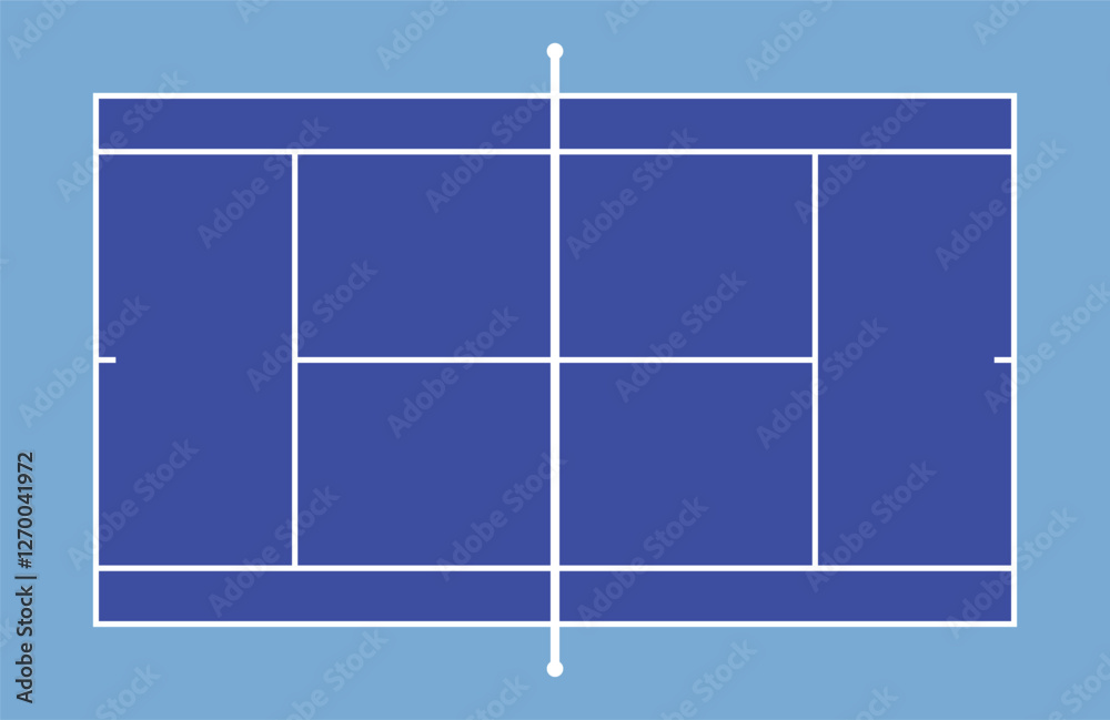 Top-view diagram of a blue tennis court layout with white boundary ...