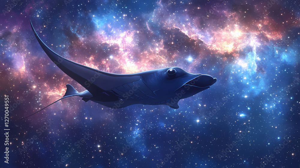 Manta ray gliding across a cosmic starfield dwarfed by a massive nebula ...