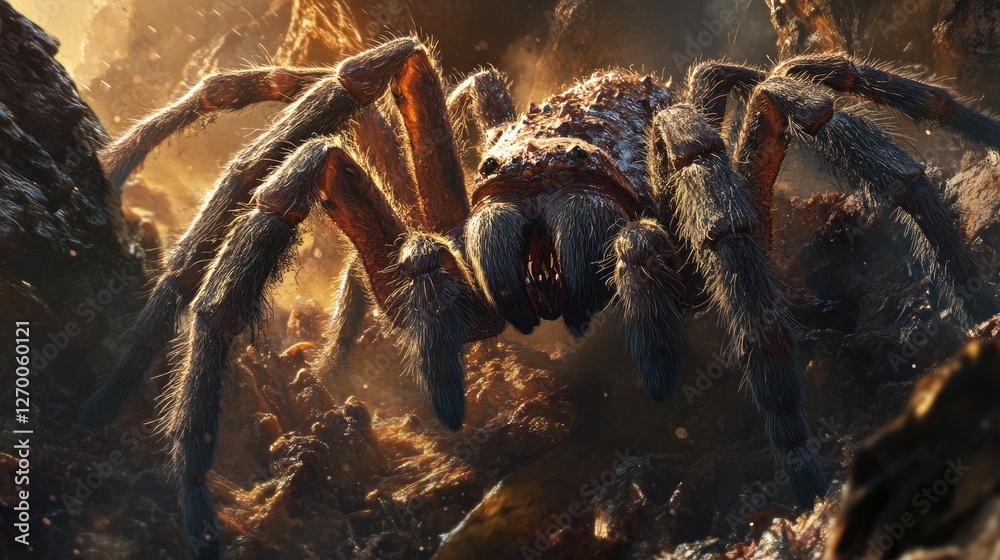 A close-up of a tarantula in a defensive posture, with its legs spread ...