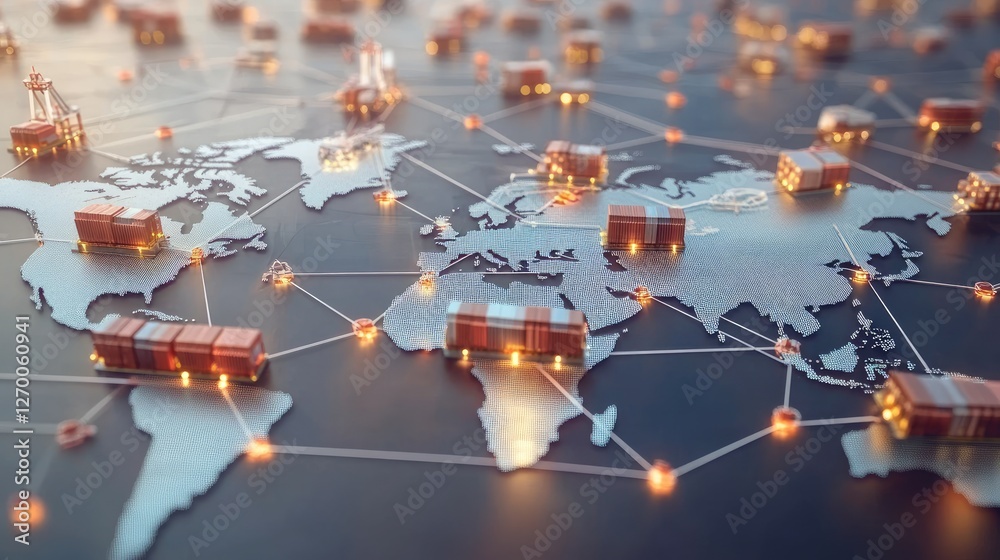 International logistics hub concept, digital trade routes over a ...