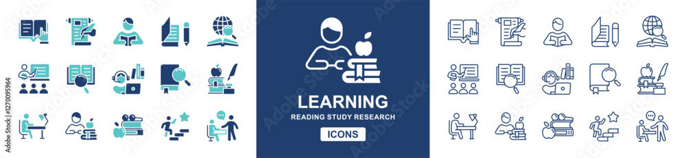 student read and learn icon set education online learning course study ...