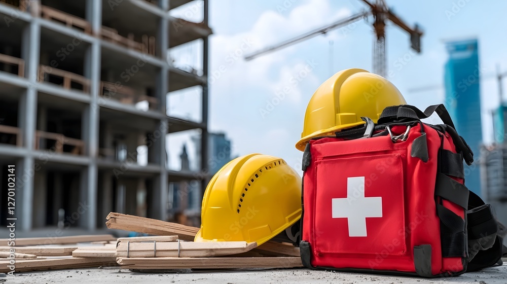 Well organized construction site with prominently placed safety helmet ...
