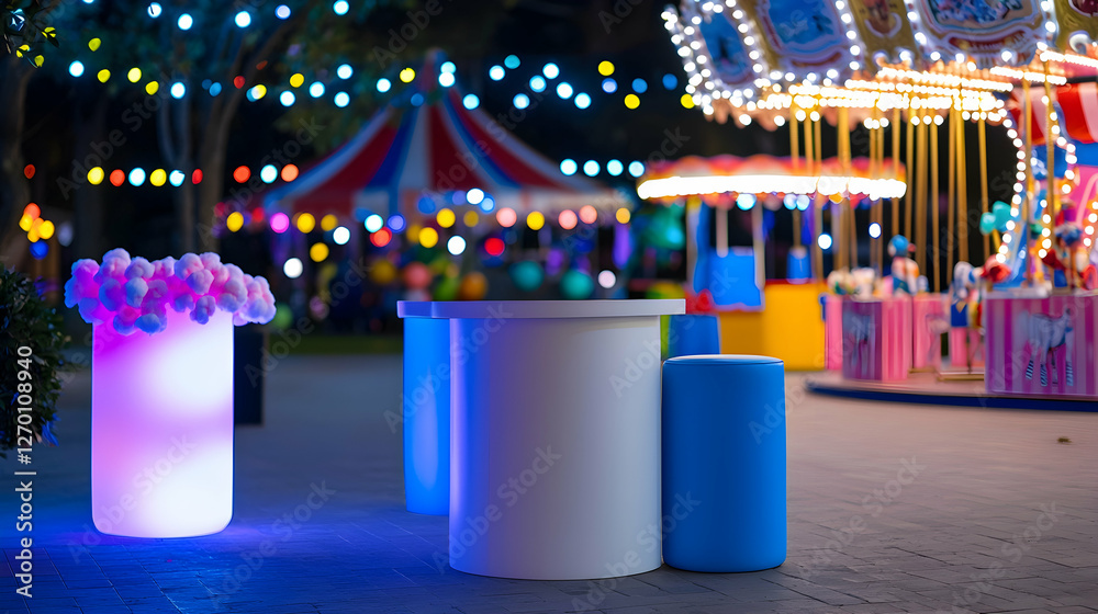 Colorful Carnival Stage Backdrop at Night with Illuminated Tables Stock ...