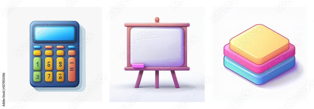 Three icons depict office tools: a calculator for mathematical tasks, a ...