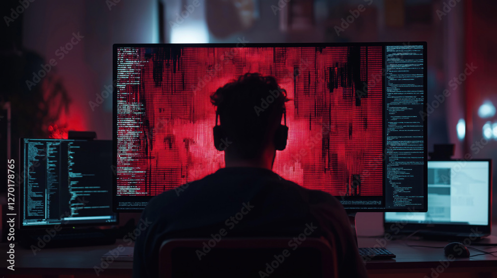 man sitting in front of computer faceless hacker screen distortion ...