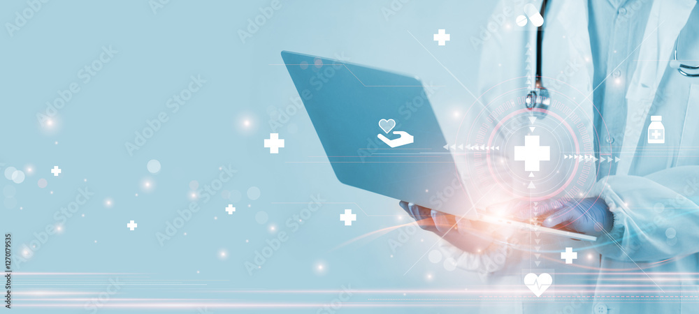 Doctor Using System Analysis treatment Healthcare Patient, Data Network ...