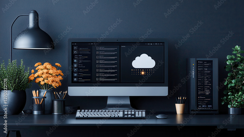 cloud based file storage modern workspace with computer displaying ...