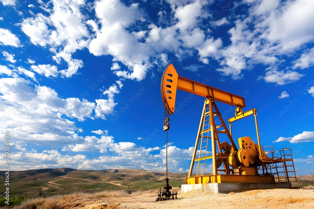 Oil pump jack on arid land under a bright blue sky with fluffy clouds in a sunny day Stock Photo ...