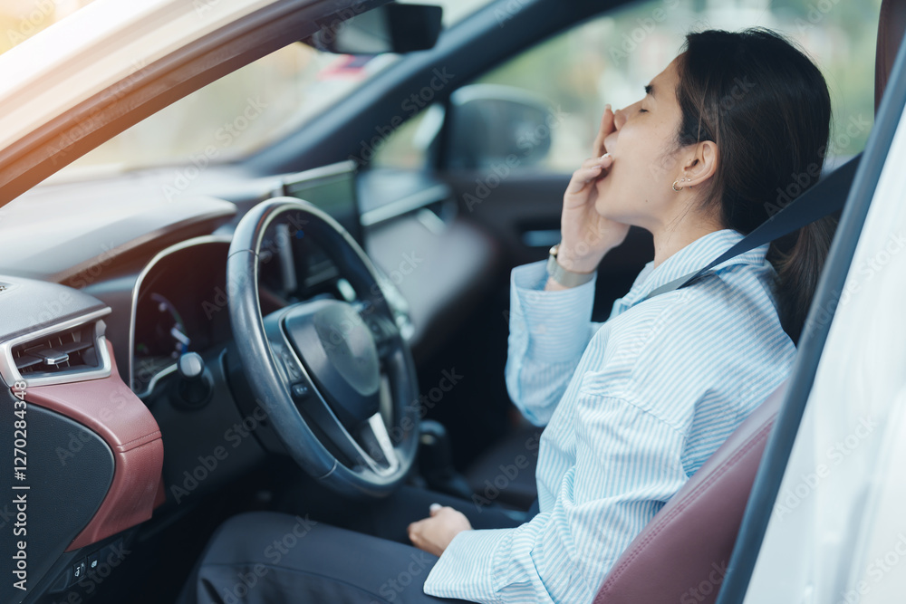 woman feeling sleepy and yawn during drive car long time. Asian girl ...