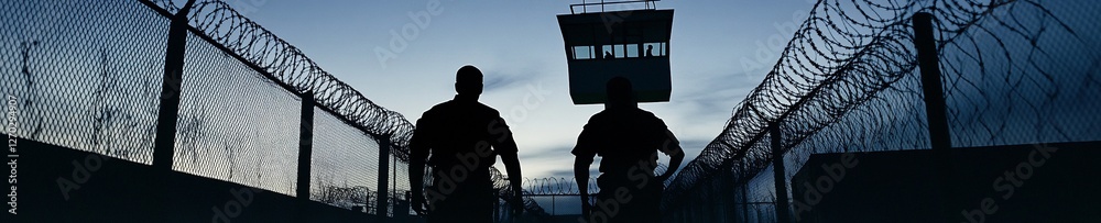 Cinematic Tension: Correctional Officers Patrolling Under Floodlights ...