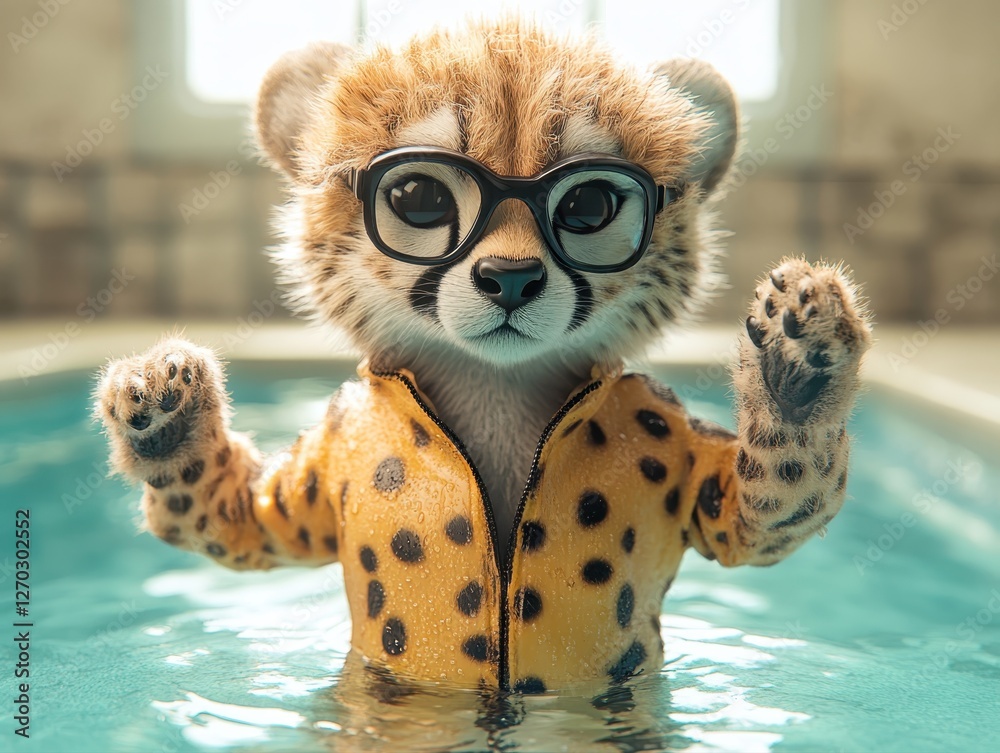 Friendly cheetah in a stylish swimsuit standing on a beach with clear ...