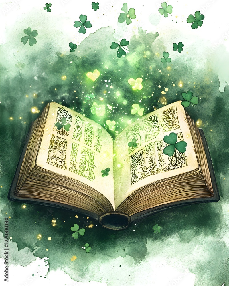 magical open book with shamrocks and green sparkle. this image is ...