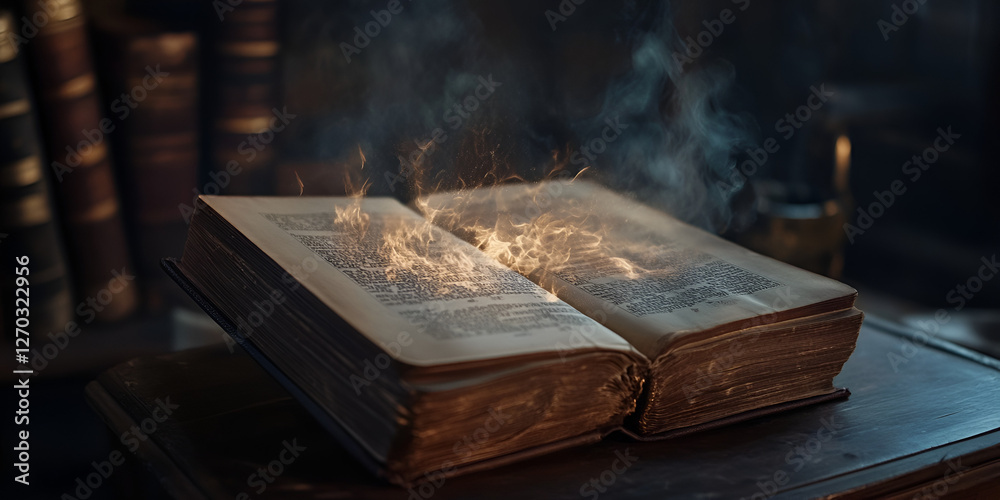 Ilustración de Stock Burning Knowledge: An open book ablaze with flames ...
