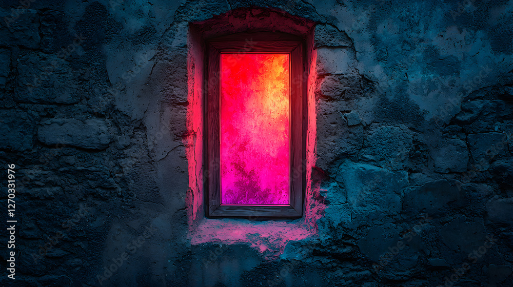 Illuminated portal, Mysterious glow emanating from aged stone window ...