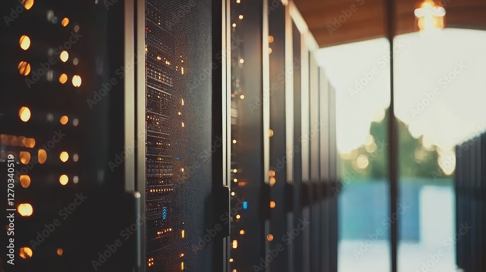 Interior view of a modern data center showcasing server racks with ...