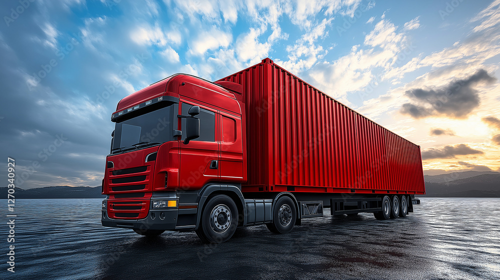 Red Hauler: A bold red hauler transports a full cargo container under a ...