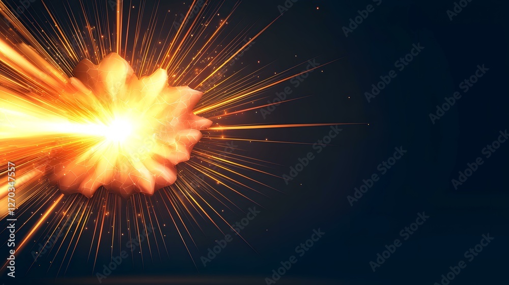 The image shows a bright, fiery explosion with radiating lines of light ...