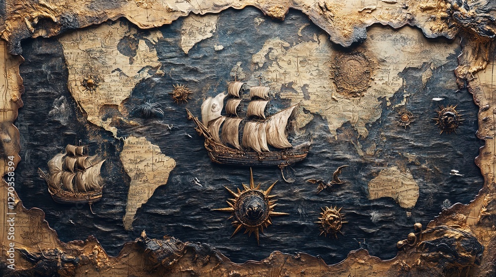 Detailed artwork of an ancient map with hand-drawn ships and mystical ...