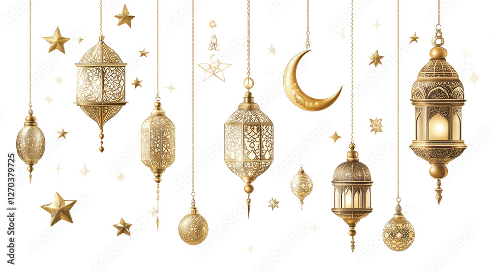 PNG, Ramadan, lanterns on chains with crescent moon and stars, isolated ...