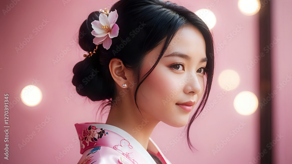Portrait of Japanese girl in kimono. Profile face close up. Abstract ...