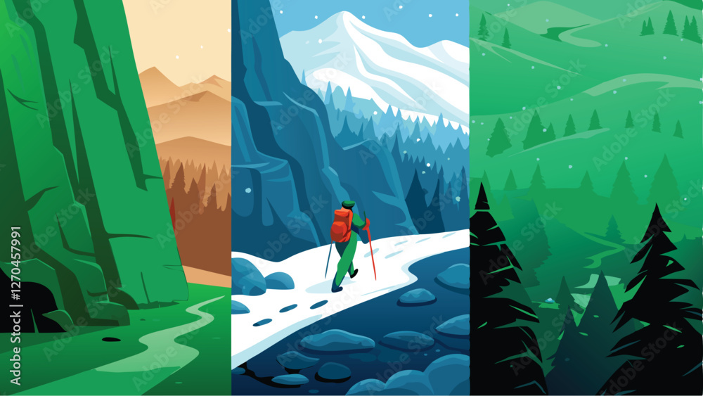 Create a detailed isometric illustration of a hiker's multi-stage journey across varied terrains ...