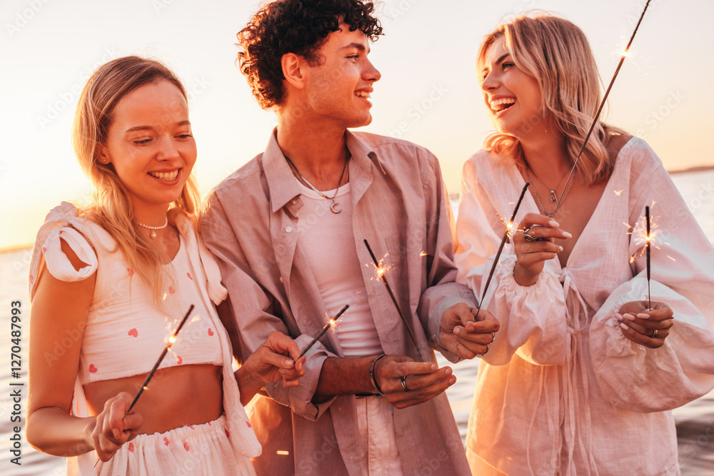Young three smiling friends having fun during night party at the ...