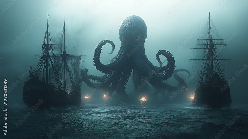 Epic sea battle giant octopus vs. Ships ocean depths digital art ...