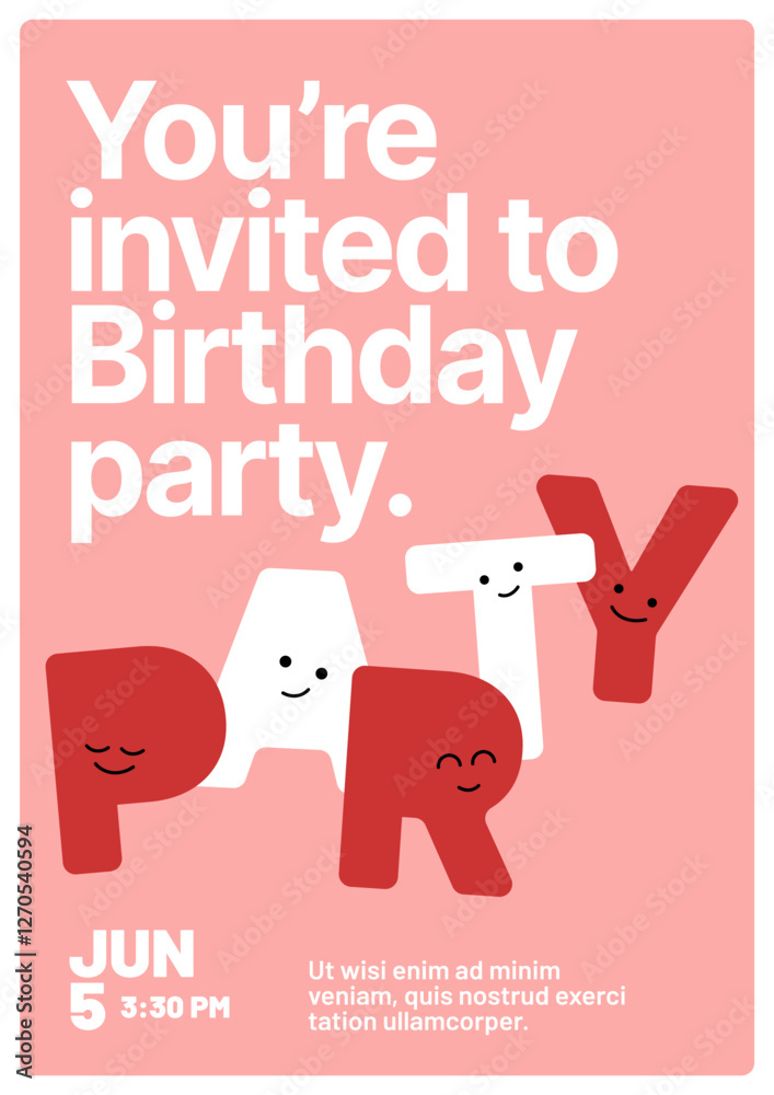 Birthday party invitation layout template. Design with colorful cartoon ...