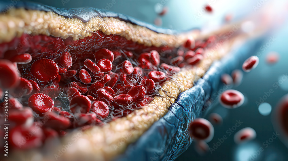 3D cutaway view of human artery showing cholesterol buildup and red ...