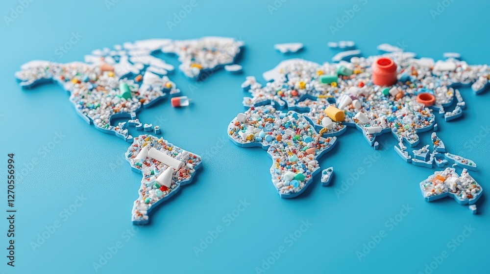 Plastic pollution idea. Colorful map made of plastic pieces ...