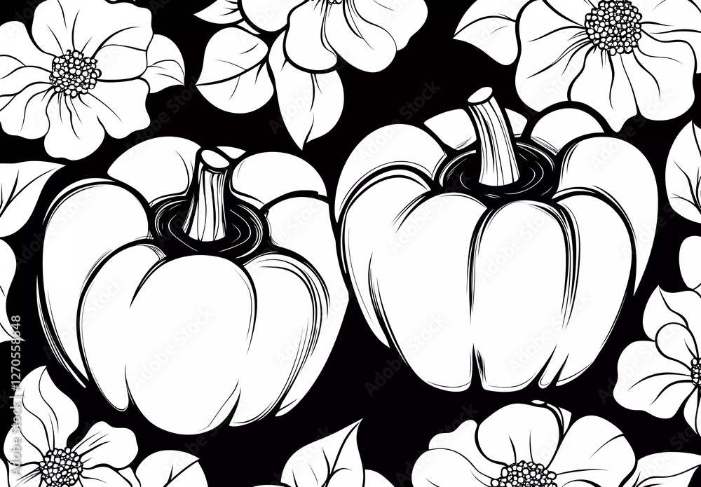 2D flat vector cartoon simple red bell pepper coloring page, no color ...