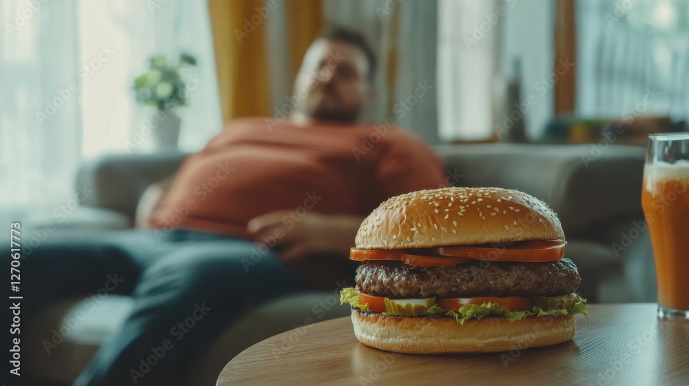 Fat man eating fast food hamberger. Breakfast for overweight person ...