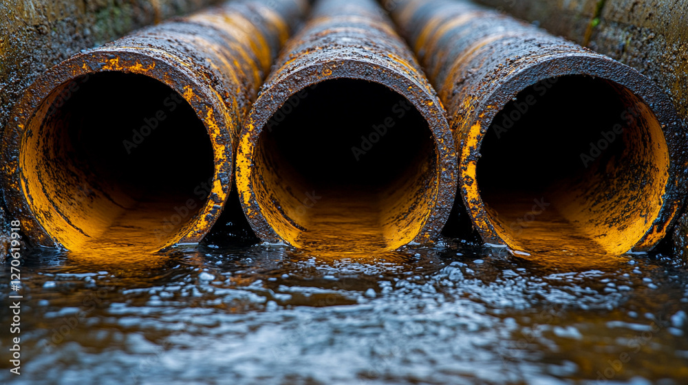 A drainage pit pipe expels wastewater, symbolizing purification ...