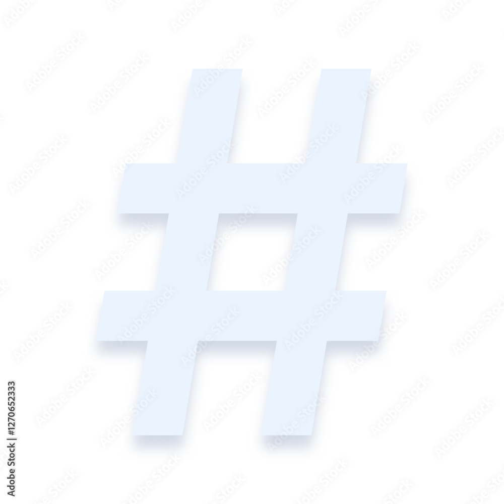 Light blue # number sign hash symbol with a soft shadow down on ...