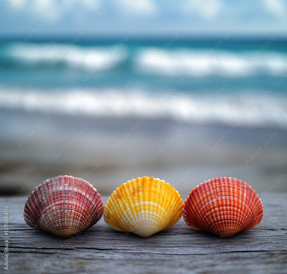 3 conchas en la orilla de la playa sobre barandilla madera, colores ...