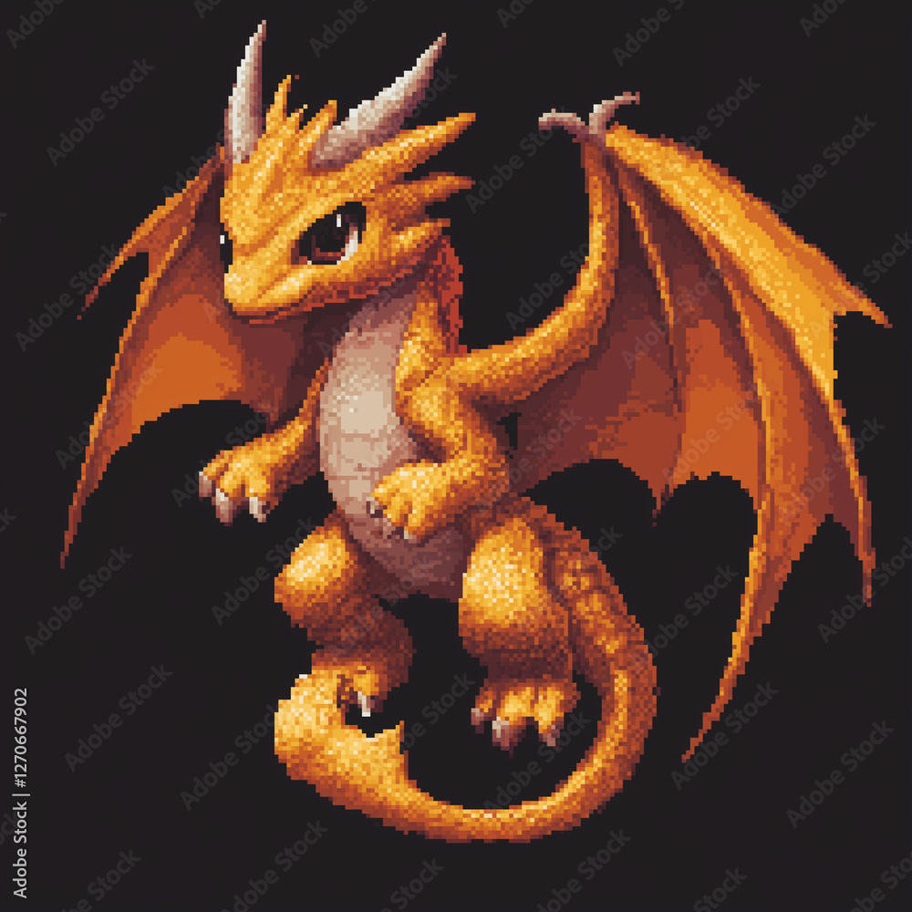 8-bit pixel art dragon character isolated, retro gaming fantasy ...