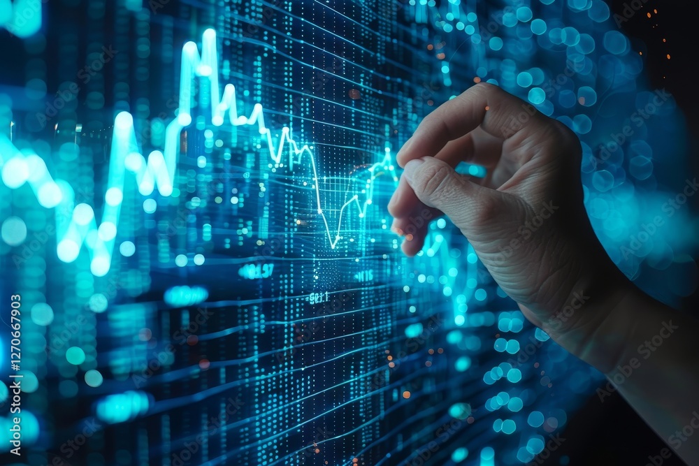 Businessman illustrates rising virtual hologram of statistics, graphs ...