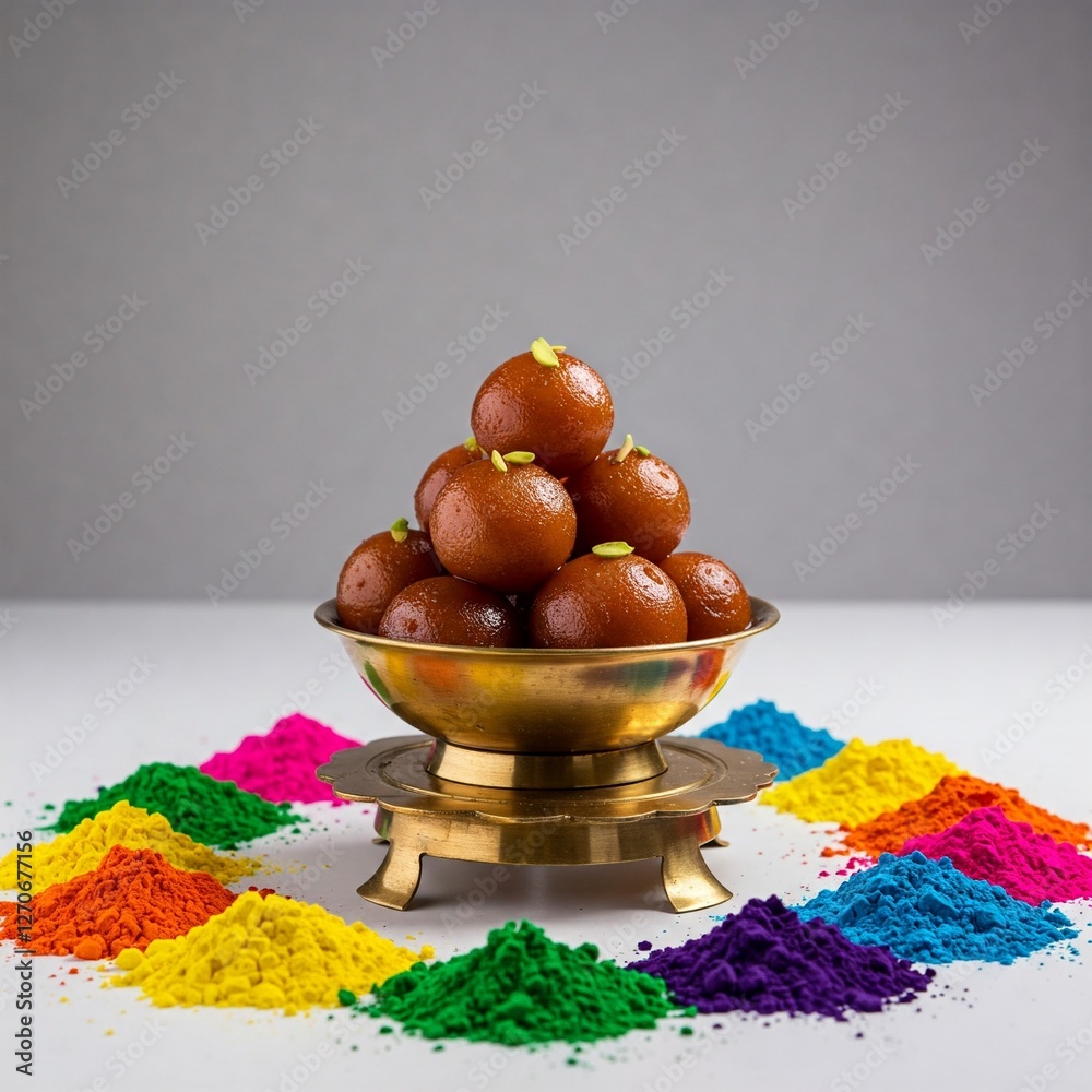 Gulab jamun bowl mid of Holi festival theme colours with light grey ...