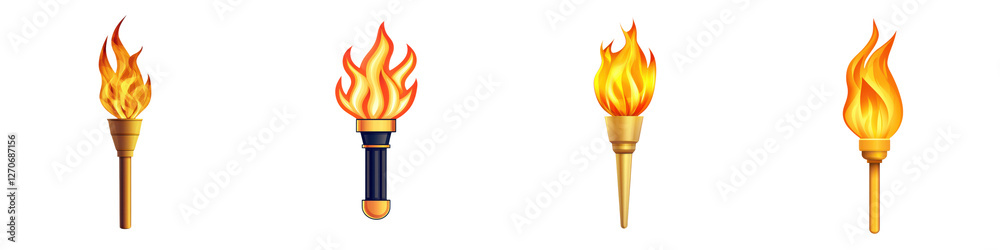 A collection of various fiery torches flames and burning elements ...