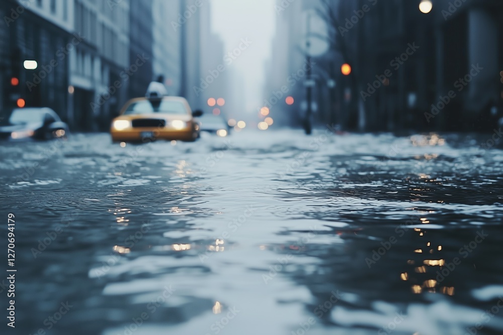 A flooded city street with taxis and cars partially submerged in water ...