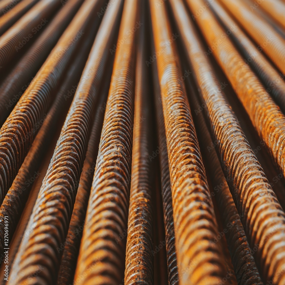 Industrial steel reinforcement bars in a row, close-up textures of rust ...