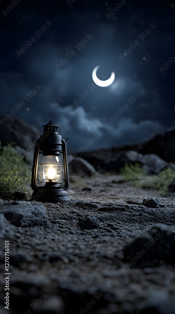 Ramadan Kareem greeting. Islamic crescent moon and lantern. End of ...