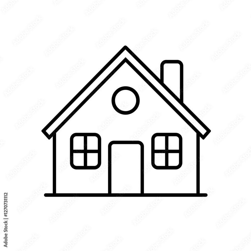 simple black outline of house with chimney, windows, and circular ...