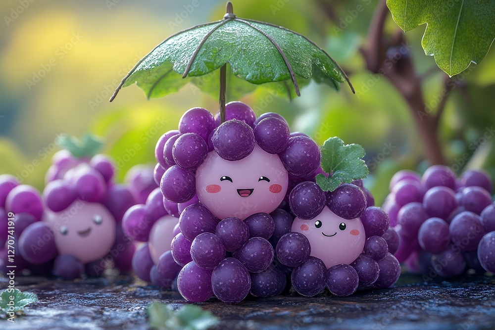 Tiny cartoon grape bunch with soft glossy purple skin, each grape ...