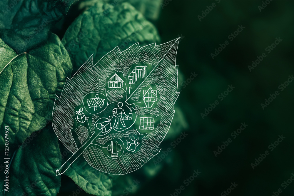 Icons for Sustainable Development sketched inside an organic leave ...