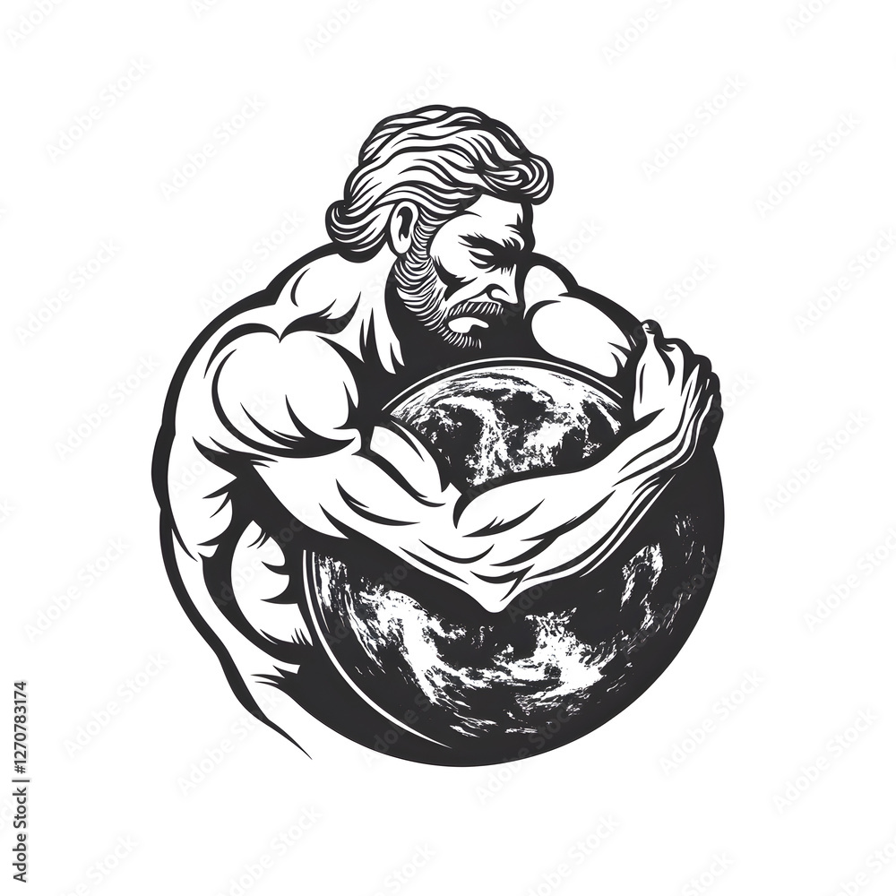 strong man hugging a globe, symbolizing care for the planet, in vintage ...